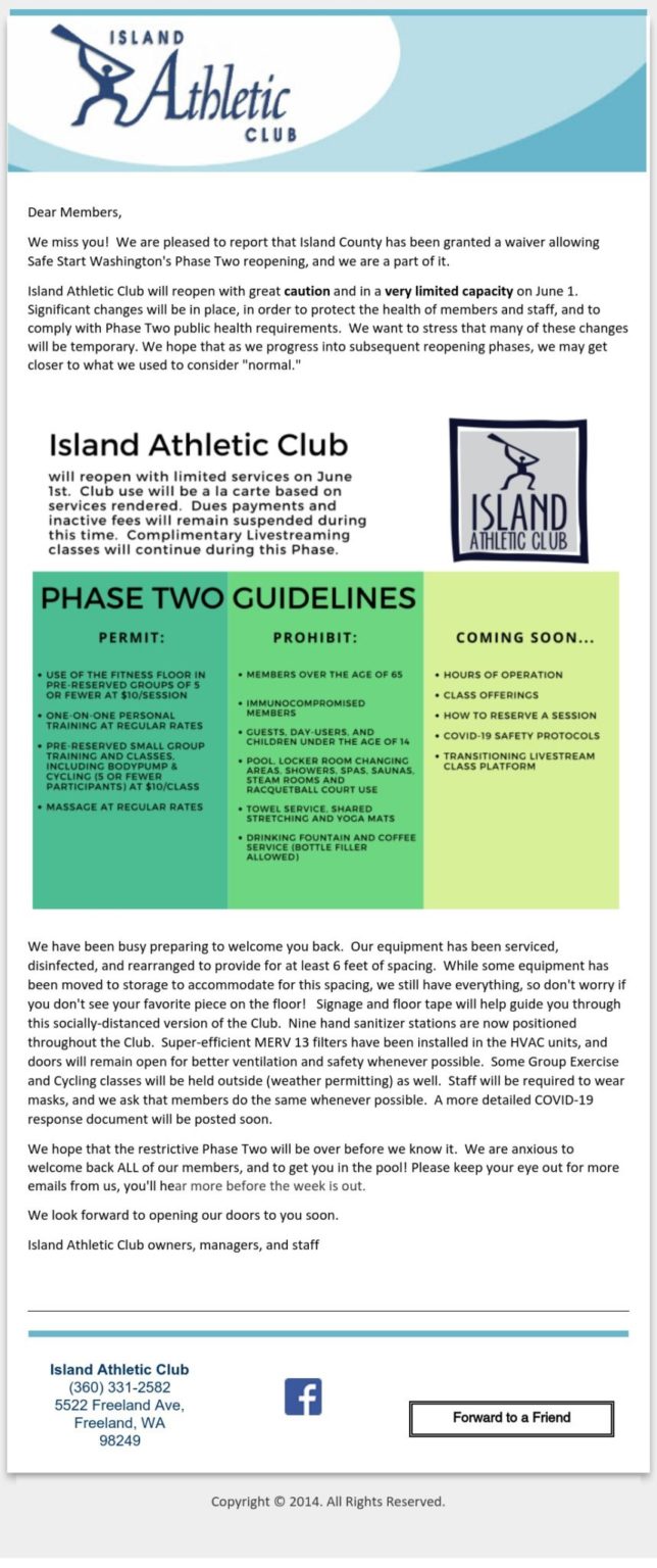 Phase Two Limited Reopening – June 1 – Island Athletic Club
